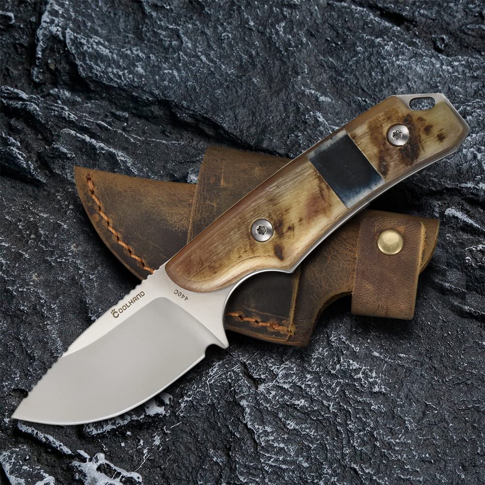 Cool Hand 5.98" Knife with Leather Sheath, Full Tang Compact Horizontal Carry Knife, Leather Belt Loop Sheath with Buckle, Outdoors Drop Point 440C Fixed Blade, Ram Horn Handle