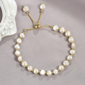 WOWORAMA Pearl Bracelet for Women Gold Adjustable Slider Bracelet Dainty Baroque Bracelet for Wedding Bride Bridesmaid Jewelry