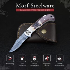 Morf Steelware Customized Damascus Steel Pocket Knife Handmade Folding Knives Small Pocket Knife for Outdoor, Camping, Hiking Back Lock Blade Made of Authentic Damascus Steel