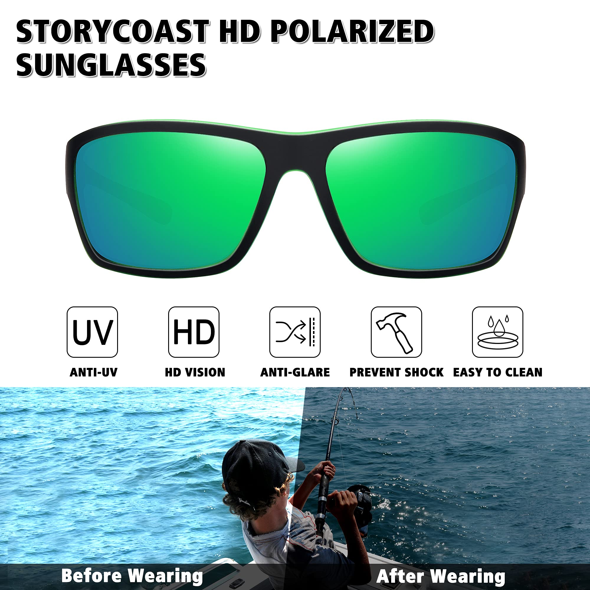 STORYCOAST Polarized Sports Sunglasses for Men Women Unbreakable Frame Cycling Fishing Driving Blue Mirror+Green Mirror 2Pack