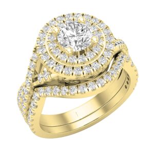 dazzlingrock collection igi certified 2.05 carat (ctw) round lab grown white diamond women double halo split shank swirl engagement ring with matching wedding band 2 ct in 14k yellow gold, size 9