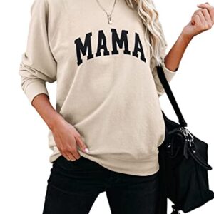 Dressmine Womens Letter Graphic Crewneck Mama Sweatshirt Long Sleeve Loose Shirts Lightweight Cute Pullover Apricot Large