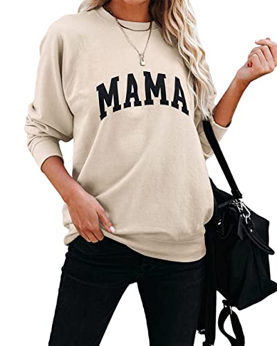 Dressmine Womens Letter Graphic Crewneck Mama Sweatshirt Long Sleeve Loose Shirts Lightweight Cute Pullover Apricot Large