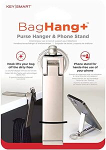 keysmart baghang plus - 2-in-1 purse hook for table & phone stand - bag holder and hanger for table tops - keychain purse hanger for desk - easy to clip and strong grip carabiner - stainless steel