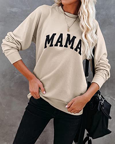 Dressmine Womens Letter Graphic Crewneck Mama Sweatshirt Long Sleeve Loose Shirts Lightweight Cute Pullover Apricot Large