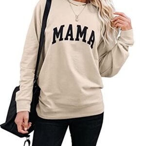 Dressmine Womens Letter Graphic Crewneck Mama Sweatshirt Long Sleeve Loose Shirts Lightweight Cute Pullover Apricot Large