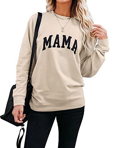 Dressmine Womens Letter Graphic Crewneck Mama Sweatshirt Long Sleeve Loose Shirts Lightweight Cute Pullover Apricot Large