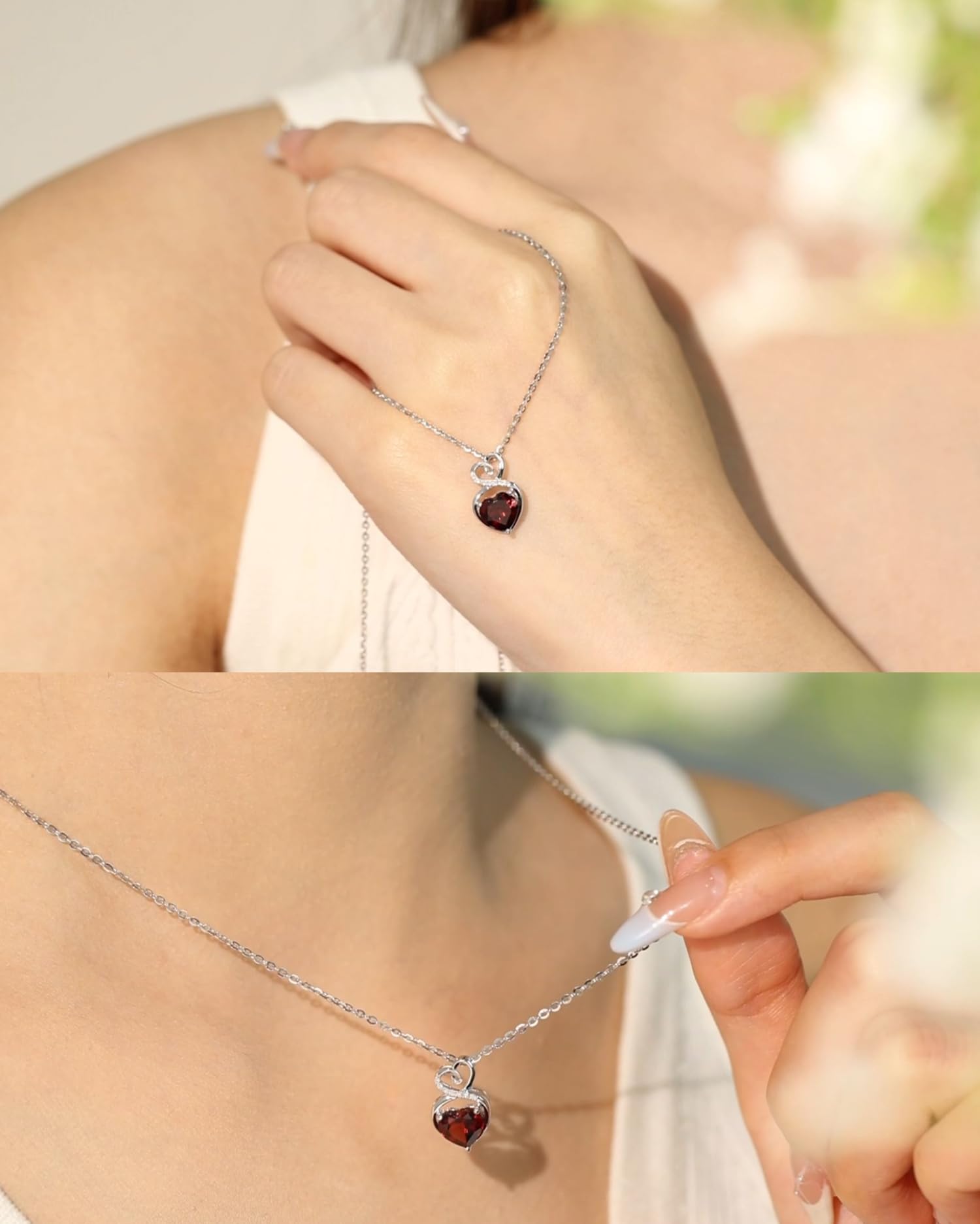 FANCIME 14K Solid White Gold Genuine Garnet Necklace January Birthstone 1.5 CT Gemstone Heart Necklace Small Dainty Fine Jewelry for Women 16”+2” Extender