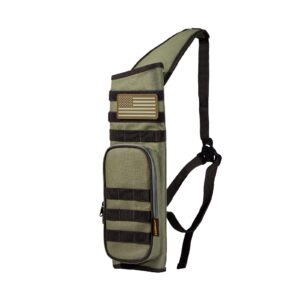 legend back quiver - tactical arrow holder, high-density polyester fabric, extra shoulder foam padding - molle system for patches, pouches - zippered storage for archery & hunting accessories - green