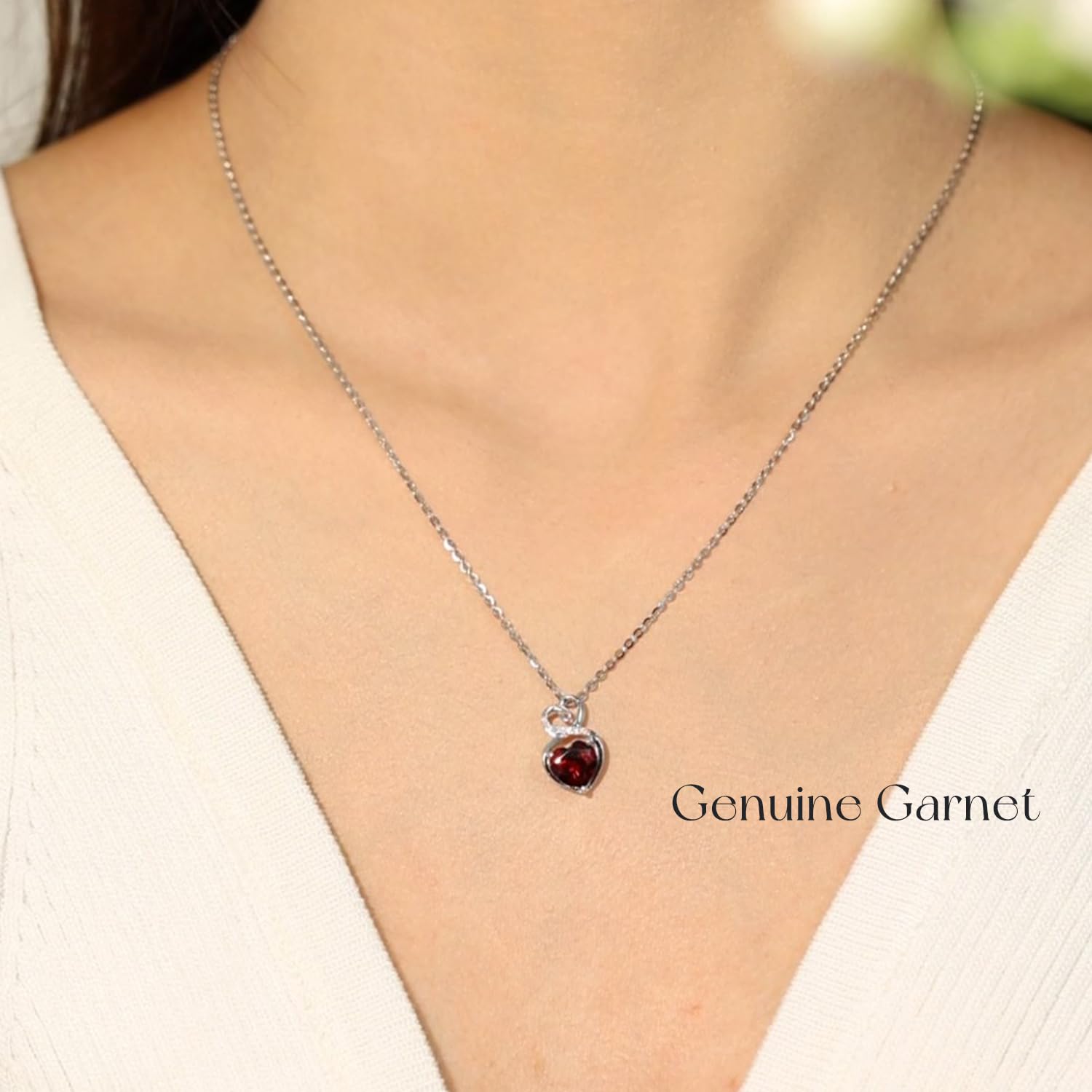 FANCIME 14K Solid White Gold Genuine Garnet Necklace January Birthstone 1.5 CT Gemstone Heart Necklace Small Dainty Fine Jewelry for Women 16”+2” Extender