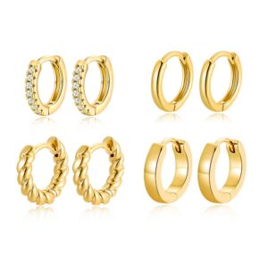 4 pairs 14k gold hoop earrings set twisted glossy zirconia small huggie earrings for multiple piercing cuff cartilage jewelry for women