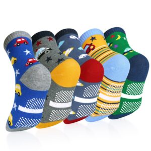 oopor kids cotton crew socks with grip - 5 pack boys girl winter athletic sport ankle sock set 3-5 year