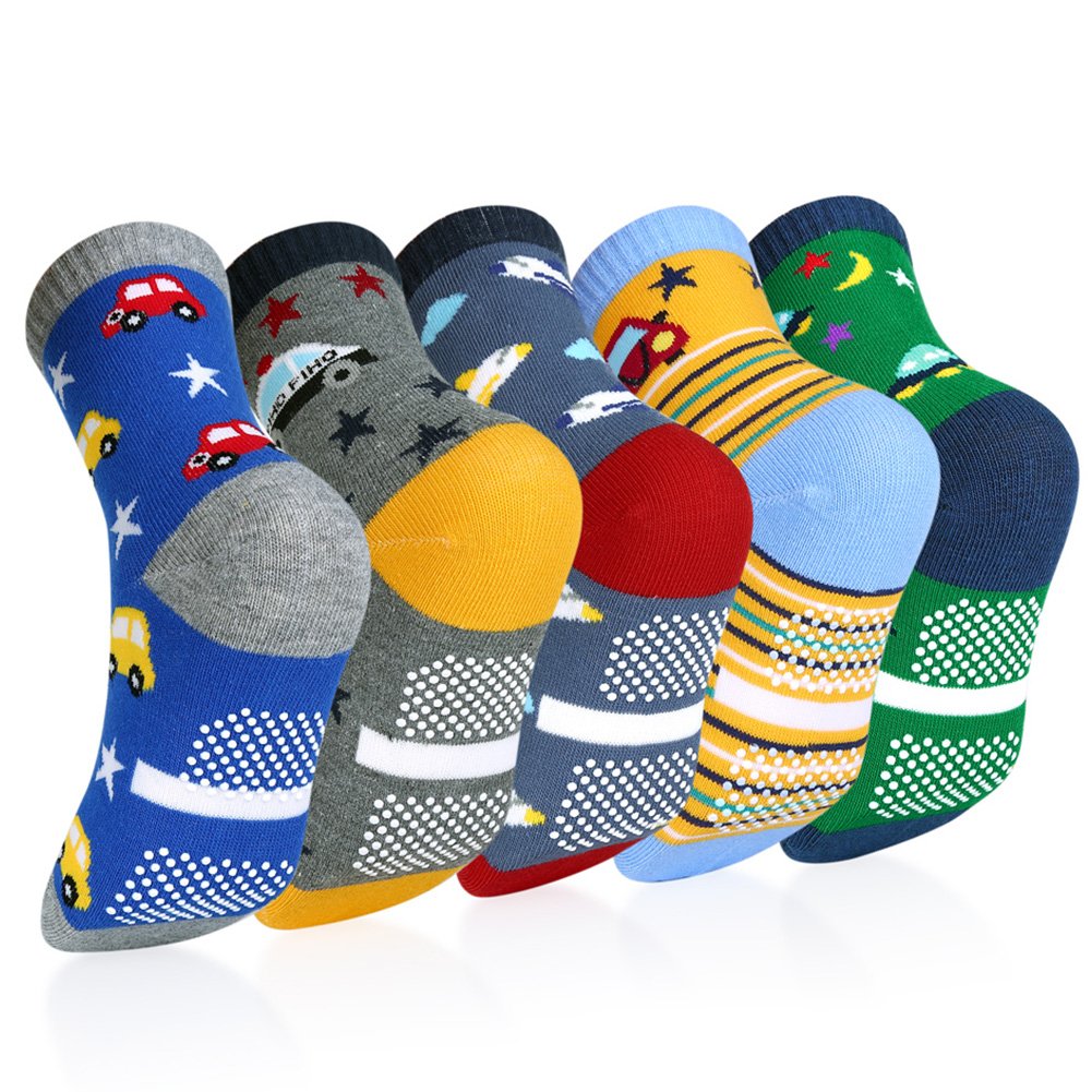 OOPOR Kids Cotton Crew Socks with Grip - 5 Pack Boys Girl Winter Athletic Sport Ankle Sock Set 3-5 Year