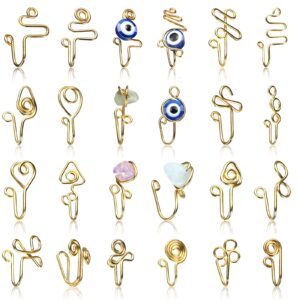 jadive 24 pieces african nose cuff stainless steel nose cuff non piercing fake nose ring evil eye clip on nose ring for women men (gold)