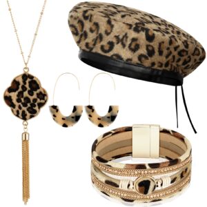 junkin 4 pieces women leopard jewelry set leopard earrings bracelets necklace french beret cheetah set for cosplay party costume accessories