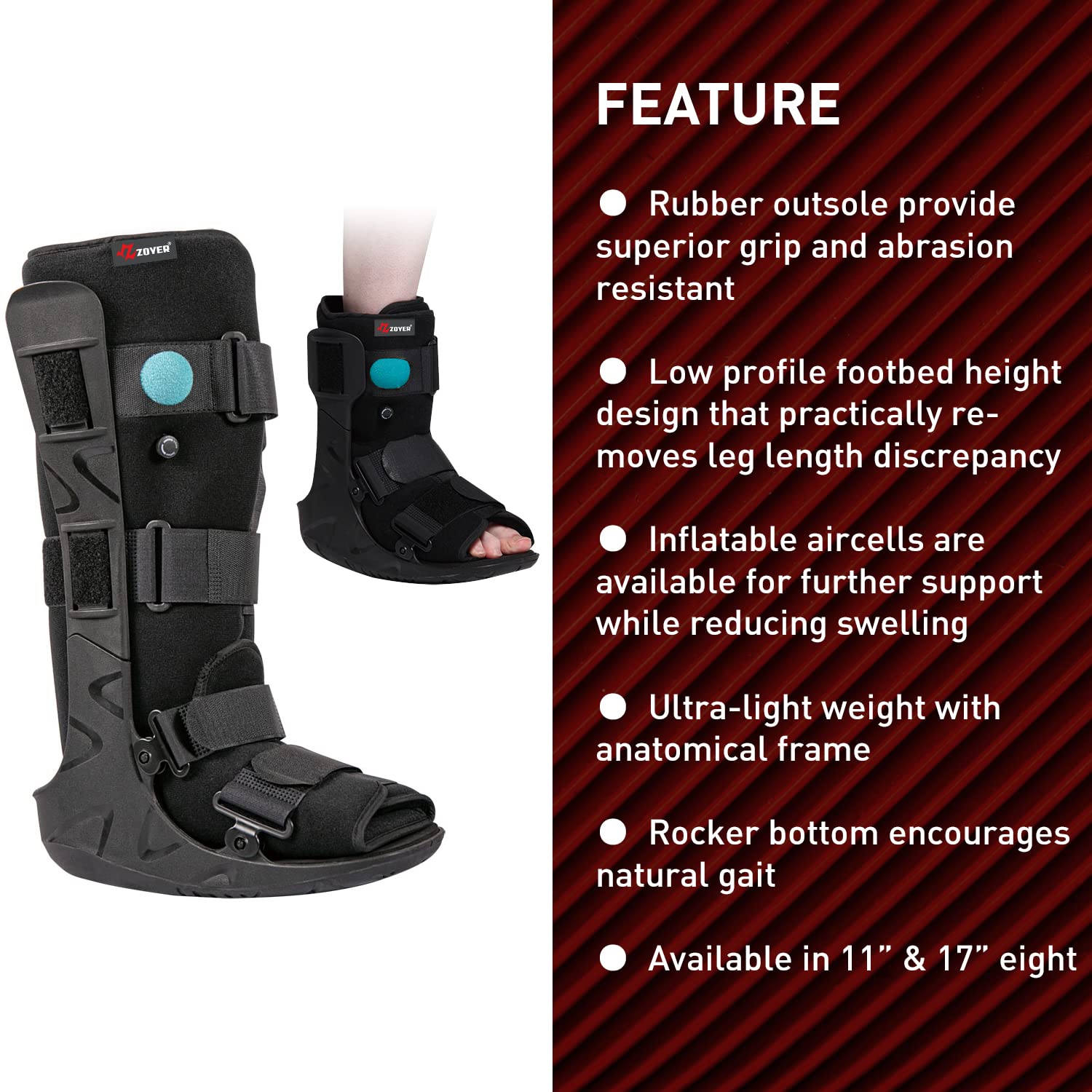 ZOYER Recovery+ 11" Zero Gravity Boot with Pump - Air Cam Fracture Boot, Universal Fit for Left or Right Foot (X-Large)