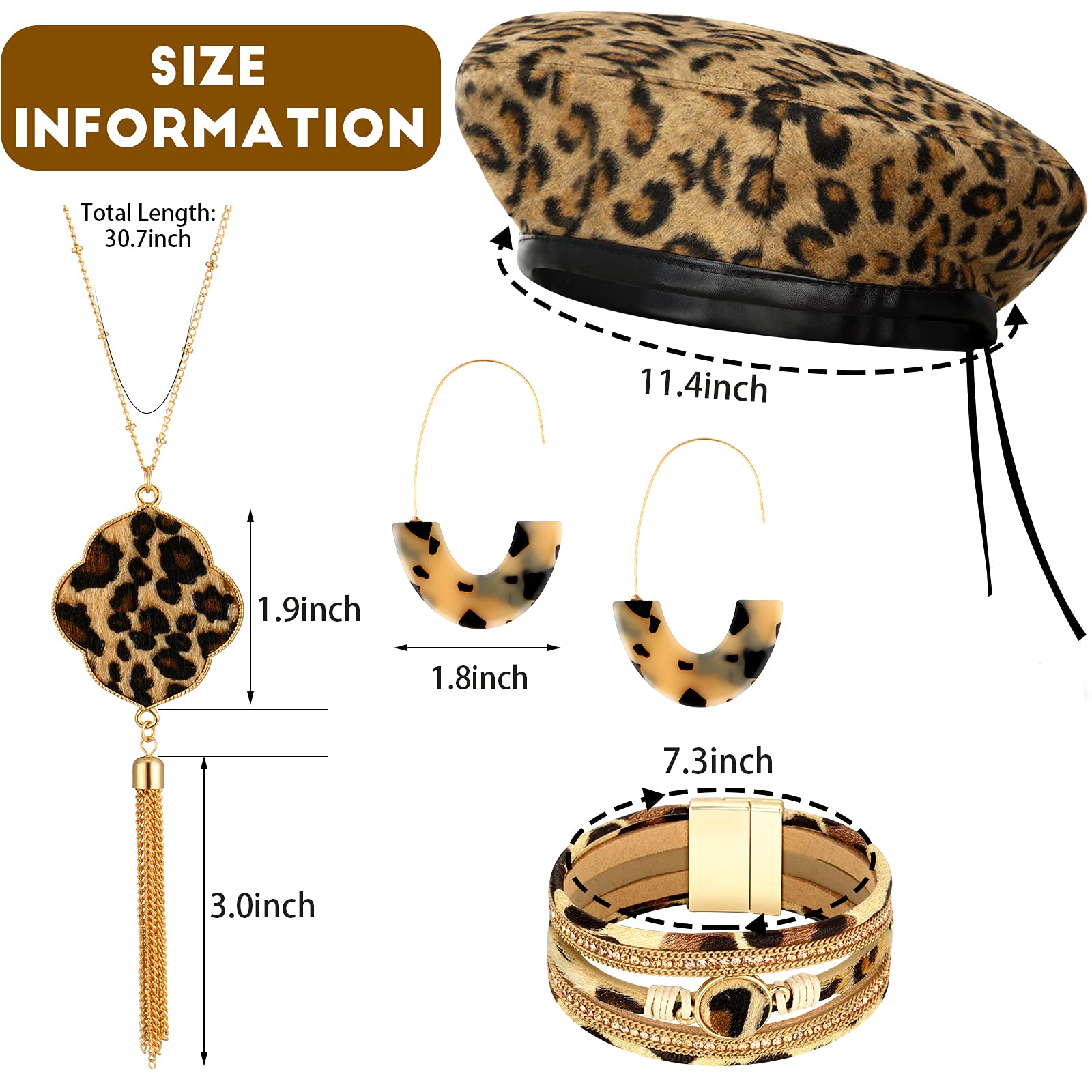 Junkin 4 Pieces Women Leopard Jewelry Set Leopard Earrings Bracelets Necklace French Beret Cheetah Set for Cosplay Party Costume Accessories