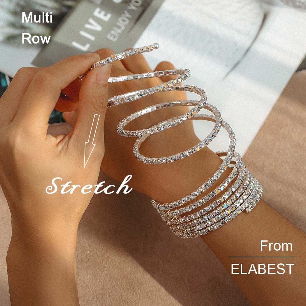 ELABEST Multi Row Crystal Bracelet Stretch Rhinestone Bling Hand Chain Bridal Ball Body Jewelry Accessories for Women (Colorful)