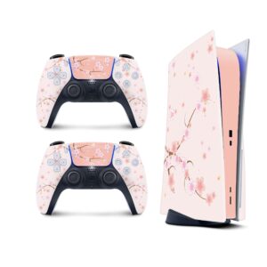 ps5 japanese cherry blossom flowers skin for playstation 5 console and 2 controllers, pink color skin vinyl 3m decal stickers full wrap cover (disk edition)