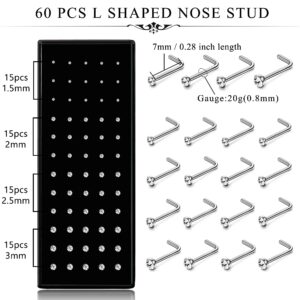 Helicopchain 120-240Pcs Hypoallergenic Nose Studs for Women Men 316L Stainless Steel CZ Nose Piercing Jewelry L Shaped Nose Rings Bone Studs 20G-22G 1.5mm 2mm 2.5mm 3mm