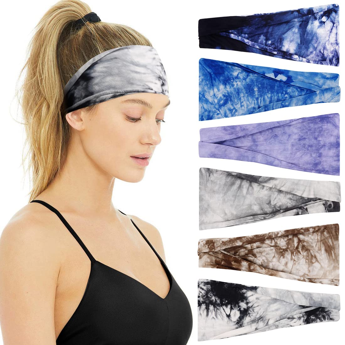 Huachi Headbands for Women Athletic Sweat Bands Tie Dye, Boho Head Bands for Workout Running Yoga Sports, Wide Turban Head Wrap for Thick Fine Hair Fashion Summer Hair Accessories, 6 Pack