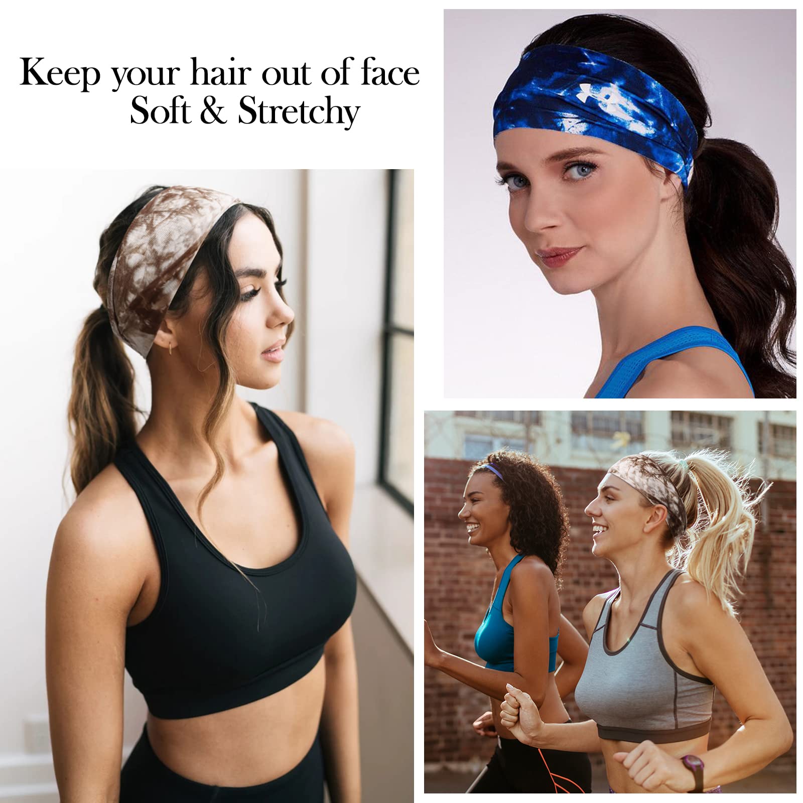 Huachi Headbands for Women Athletic Sweat Bands Tie Dye, Boho Head Bands for Workout Running Yoga Sports, Wide Turban Head Wrap for Thick Fine Hair Fashion Summer Hair Accessories, 6 Pack