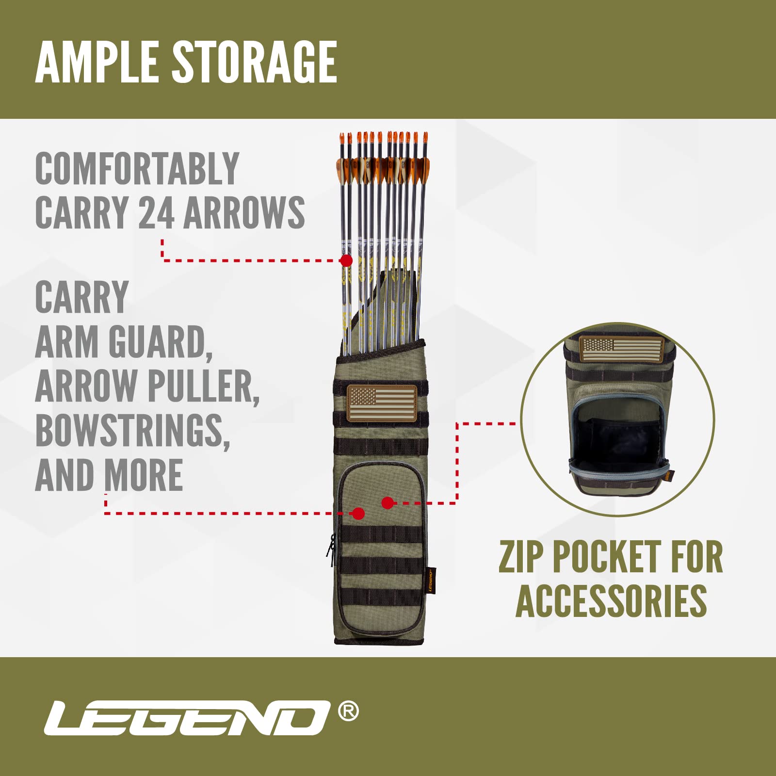 Legend Back Quiver - Tactical Arrow Holder, High-Density Polyester Fabric, Extra Shoulder Foam Padding - MOLLE System for Patches, Pouches - Zippered Storage for Archery & Hunting Accessories - Green