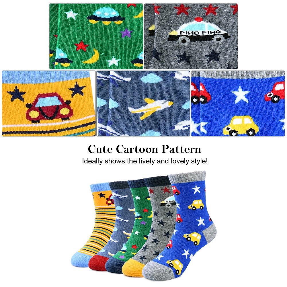 OOPOR Kids Cotton Crew Socks with Grip - 5 Pack Boys Girl Winter Athletic Sport Ankle Sock Set 3-5 Year