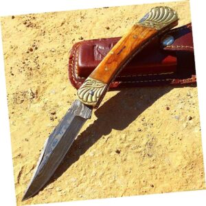 theboneedge 8" damascus blade open folding pocket knife wood gold trim hand made with sheath outdoor survival hunting knife for camping by survival steel