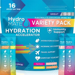 hydromate electrolytes powder packets low carb hydration accelerator drink mix party relief plus vitamin c variety pack 16 sticks