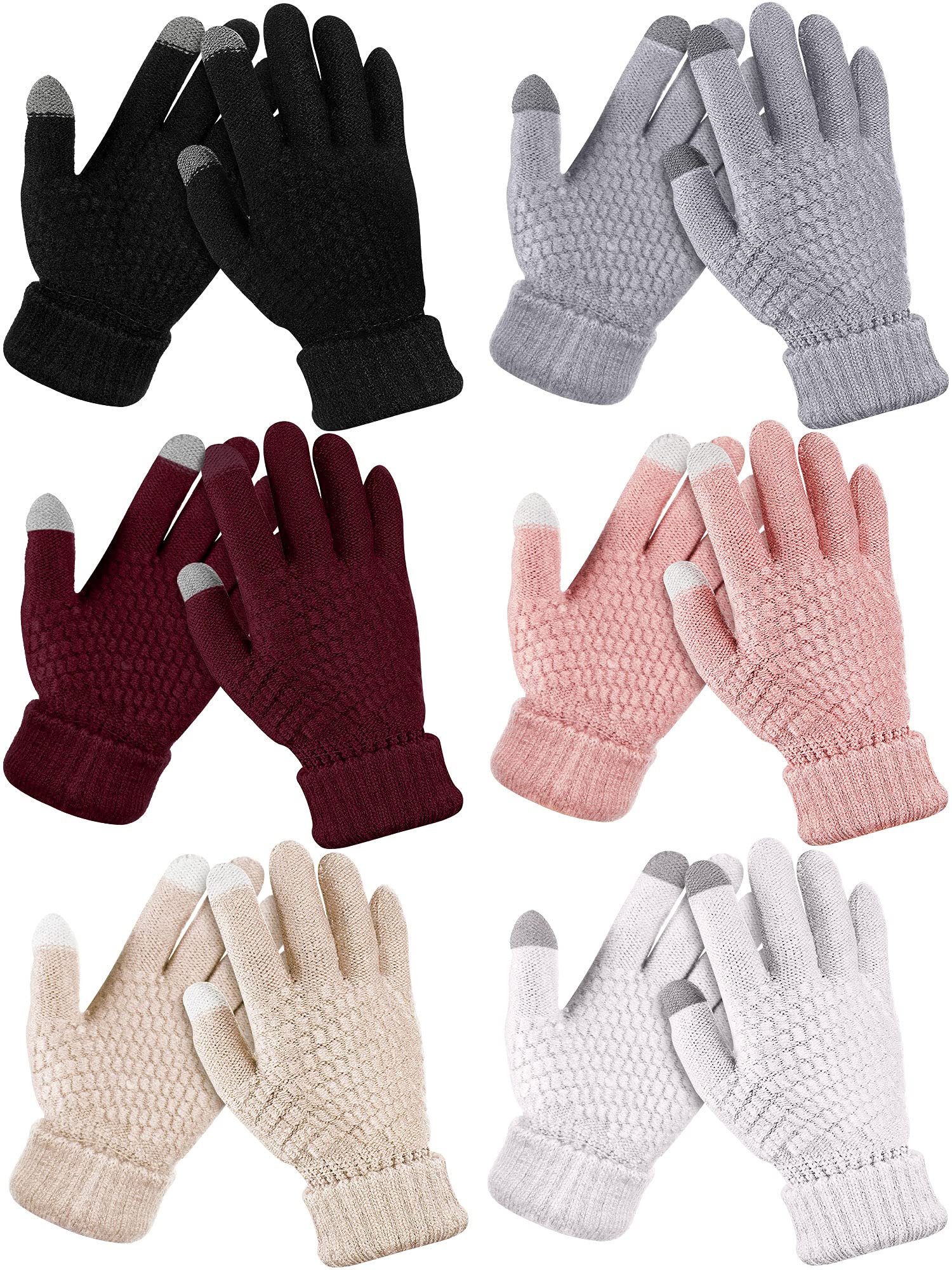 SATINIOR 6 Pair Women Winter Touch Screen Gloves Warm Fleece Lined Knit Gloves for Women(Black, Gray, Pink, Beige, White, Wine Red)