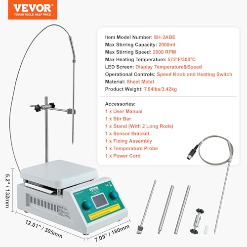 VEVOR Magnetic Stirrer Hot Plate, 2000ml Stirring Capacity Max 572°F Heating Hotplate Magnetic Stirrer 200-2000 RPM Magnetic Stirrer Magnetic Mixer with Support Stand Stirring Bar for Lab College