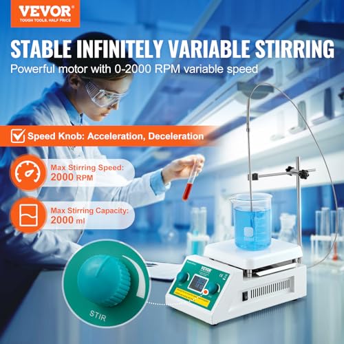 VEVOR Magnetic Stirrer Hot Plate, 2000ml Stirring Capacity Max 572°F Heating Hotplate Magnetic Stirrer 200-2000 RPM Magnetic Stirrer Magnetic Mixer with Support Stand Stirring Bar for Lab College