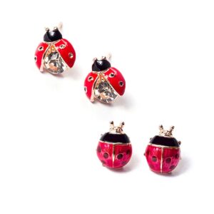 2pairs cubic zirconia cute bug little ladybird earrings black spot red charm insect tiny ladybug stud earrings small ladybeetle eardrop for women delicate jewelry-ladybird