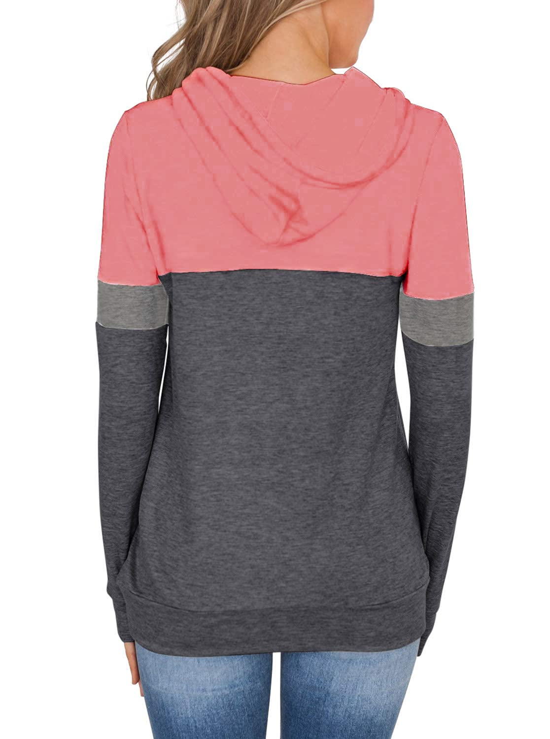 MixShe Womens Fall Fashion 2024 Long Sleeve Shirts for Women Tops Trendy Sweatshirts Hoodies Fashion Outfits Clothes Ladies Casual Tunics Pink & Gray Large