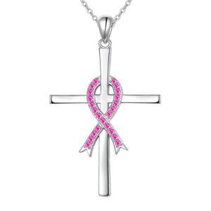 jzmsjf s925 sterling silver faith pink ribbon cross pendant necklace breast cancer awareness jewelry gifts for women