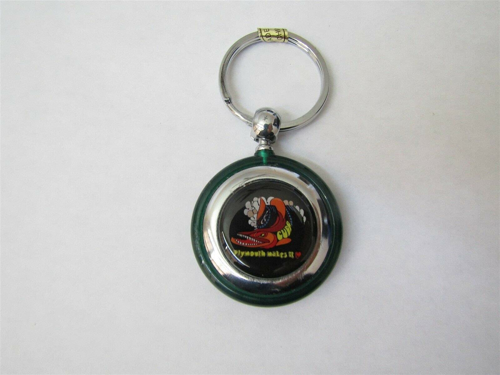 1970 1971 1972 1973 1974 BARRACUDA 'CUDA LOGO ROUND PLASTIC KEYCHAIN - GREEN