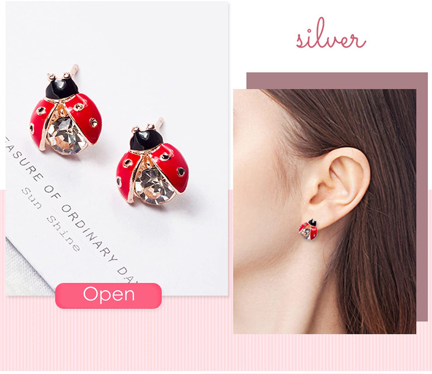 2Pairs Cubic Zirconia Cute Bug Little Ladybird Earrings Black Spot Red Charm Insect Tiny Ladybug Stud Earrings Small Ladybeetle Eardrop for Women Delicate Jewelry-ladybird