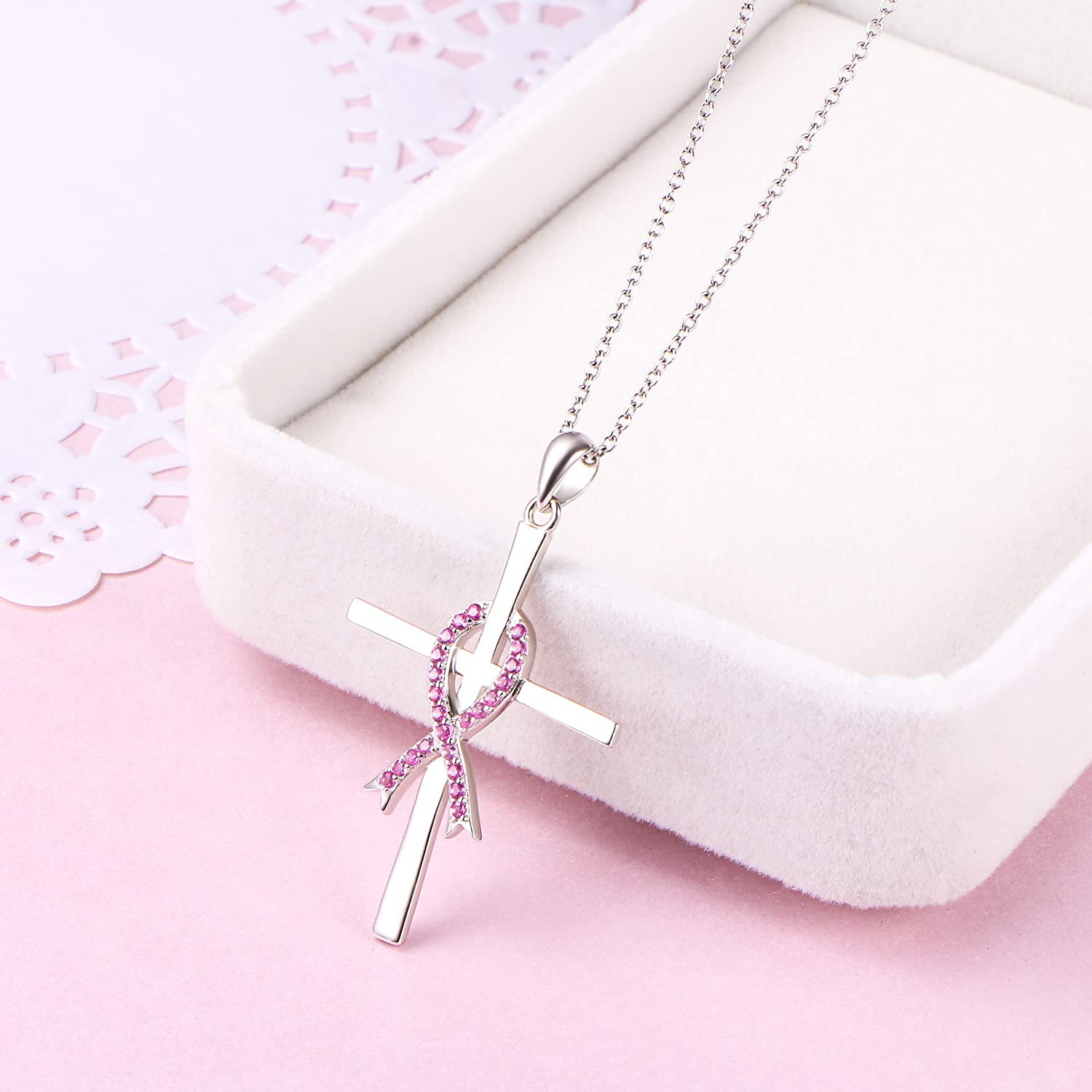 JZMSJF S925 Sterling Silver Faith Pink Ribbon Cross Pendant Necklace Breast Cancer Awareness Jewelry Gifts for Women