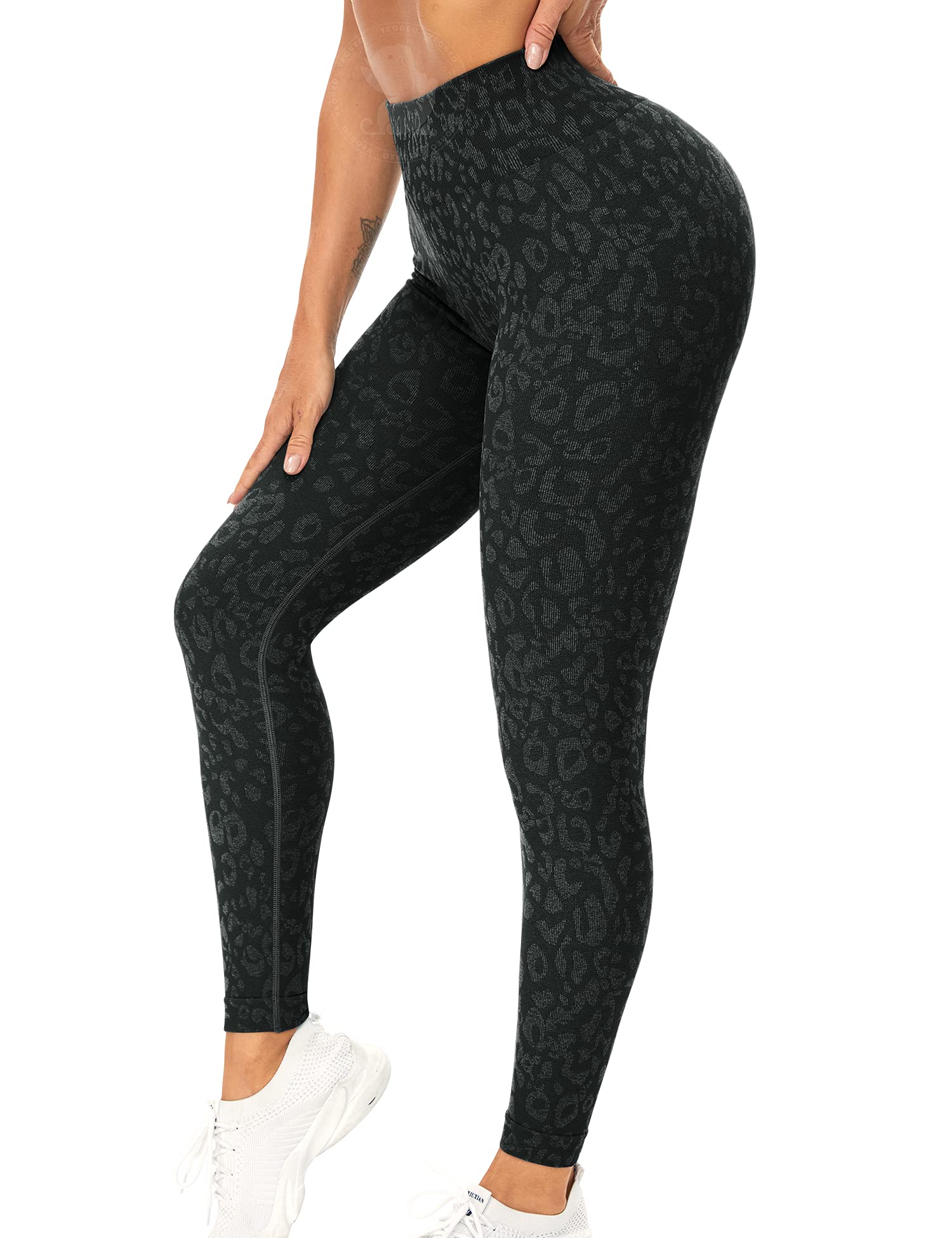 YEOREO Women Seamless Scrunch Butt Camo Workout Leggings High Waisted Athletic Gym Yoga Leggings Black M