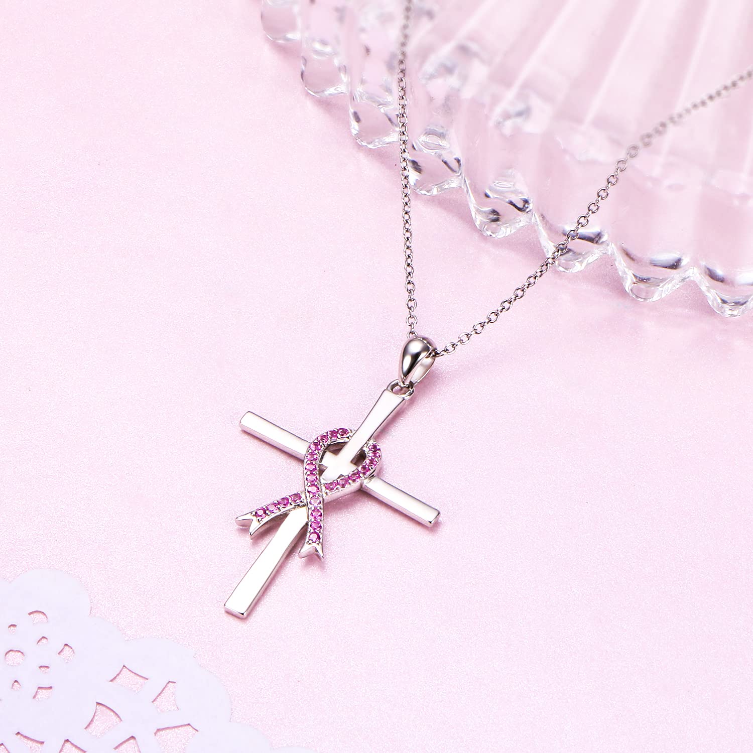 JZMSJF S925 Sterling Silver Faith Pink Ribbon Cross Pendant Necklace Breast Cancer Awareness Jewelry Gifts for Women