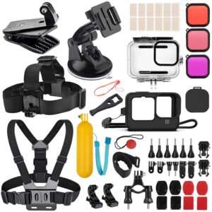 52 in 1 accessories kit, waterproof case + 3 filters + chest/head/wrist strap+ bike/backpack clip + floating grip + rubber case