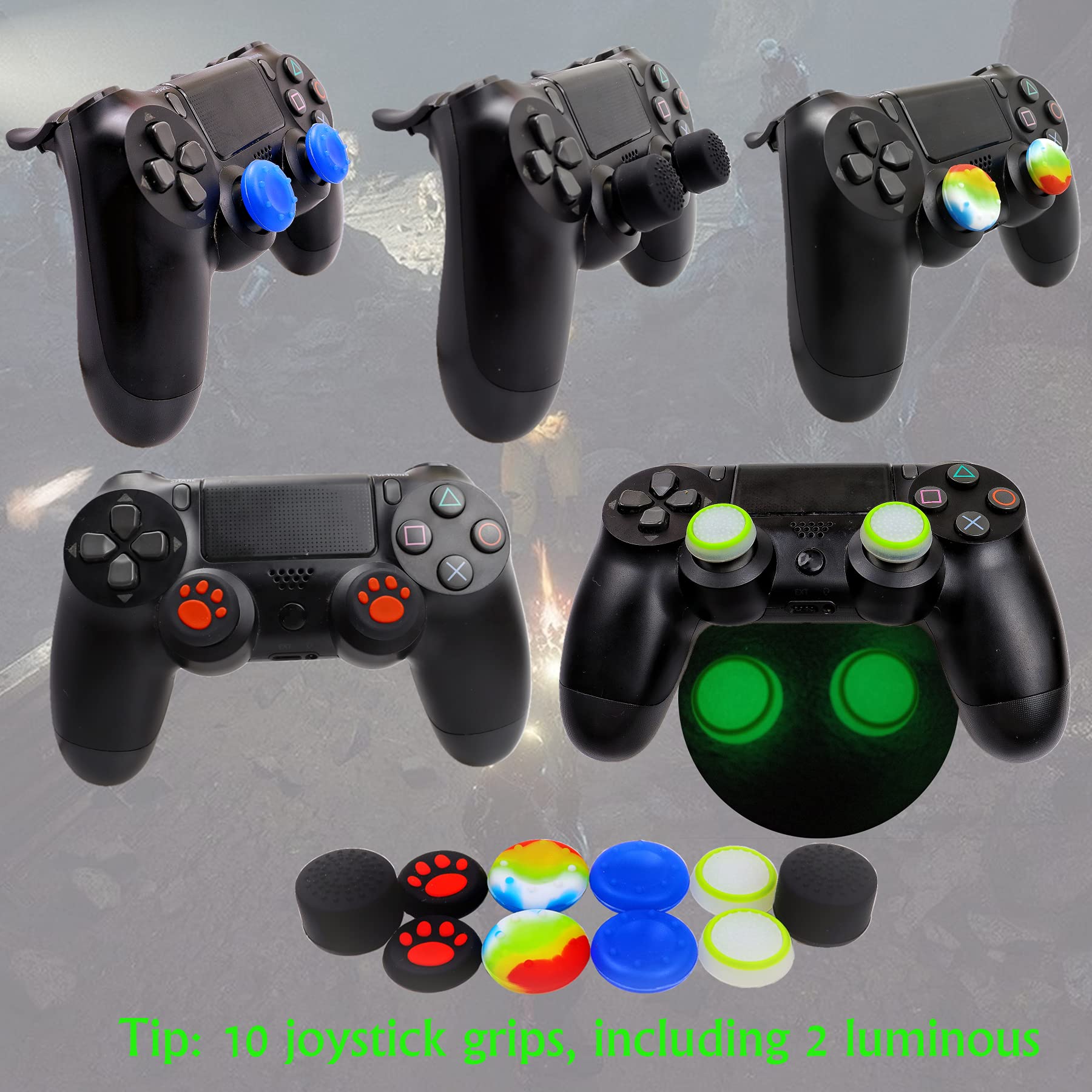 Silicone Skin for Ps4 Controller, 2pcs Anti-Slip Shell Cover Case with 10 Joystick Grips, 2 Pairs L2 R2, 4pcs Led Light Bar Skin for Playsation 4/ Slim/Pro Dualshock 4 Controller Wireless Gamepad