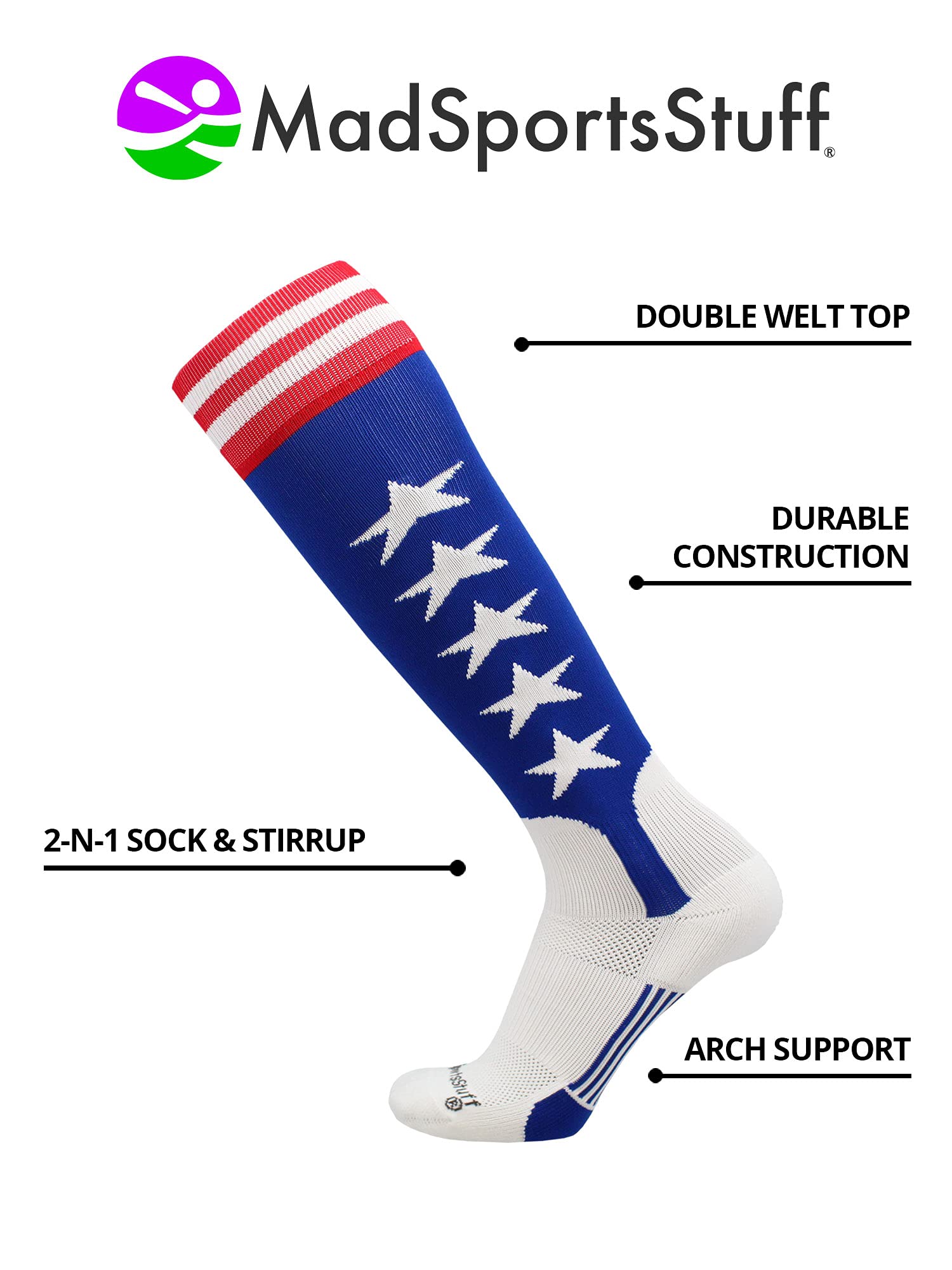 MadSportsStuff USA Flag Baseball Stirrup Socks (Royal/Red/White, Small)