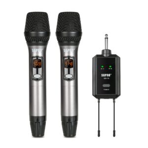 sgpro multiple-purpose wireless microphone set compact receiver mute function battery indicator for singing, dj, speech, classroom, church, home karaoke and more (sg-14 | dual handheld set)