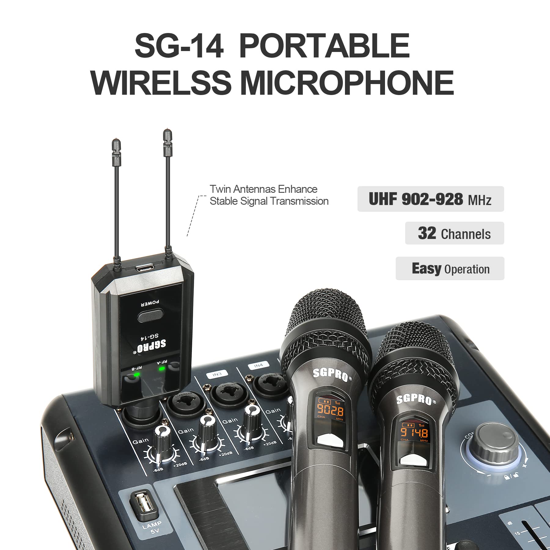 SGPRO Multiple-Purpose Wireless Microphone Set Compact Receiver Mute Function Battery Indicator for Singing, DJ, Speech, Classroom, Church, Home Karaoke and More (SG-14 | Dual Handheld Set)