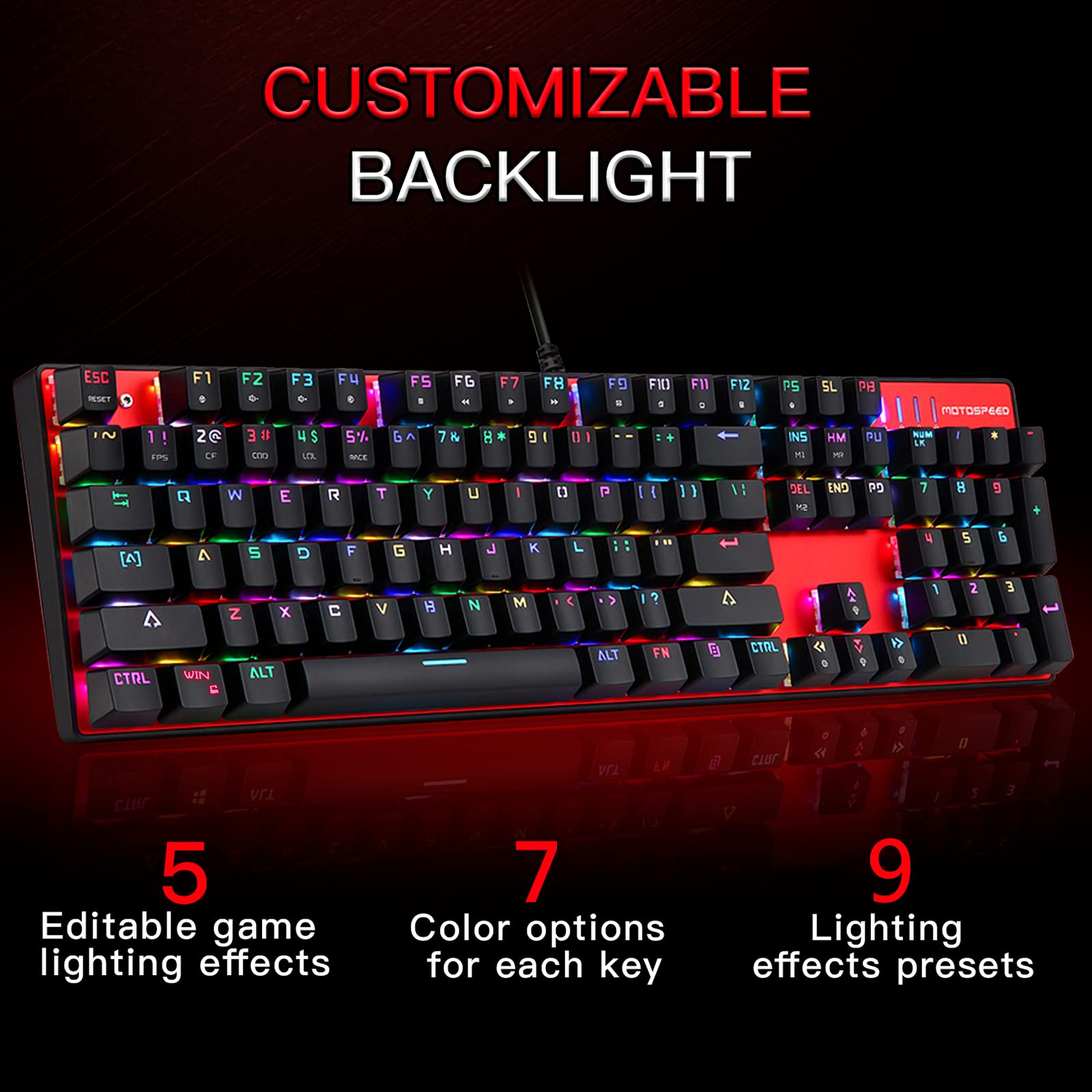 MOTOSPEED Wired RGB Gaming Mechanical Keyboard with Blue Red Switches,104-Key Aluminium Wired Keyboard,Compatible for Mac Windwows and Linux