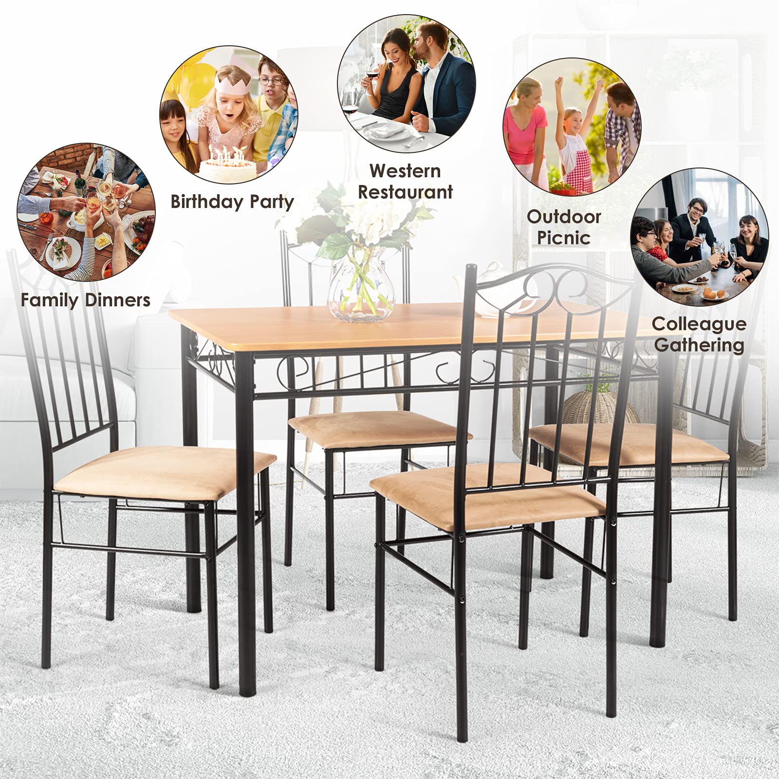 COSTWAY 5 Pcs Dining Table Set, with Metal Framework, Modern Dining Table Set, 5-Piece Dining Room Set, Kitchen Table with 4 Chairs for Home, Restaurant and Café