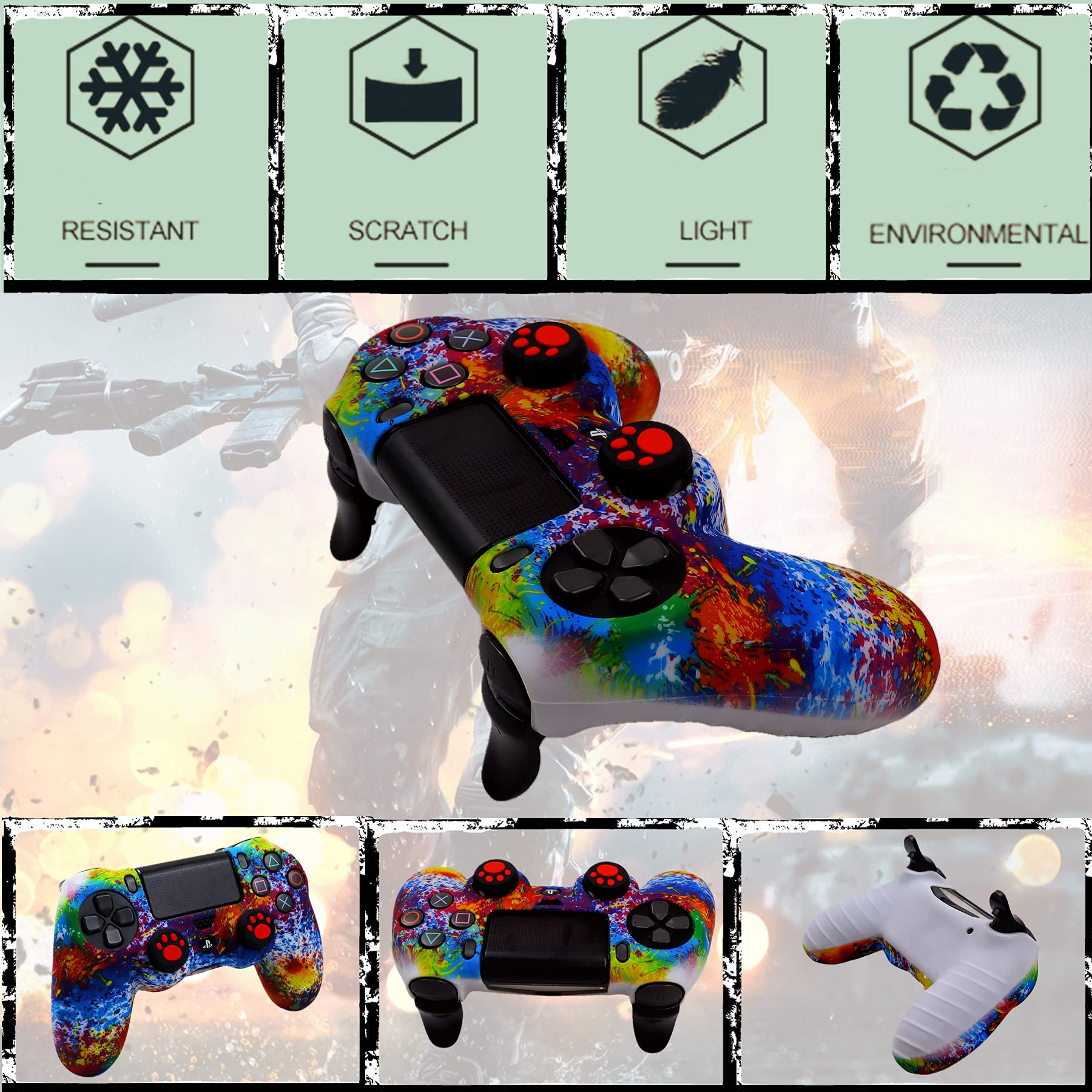 Silicone Skin for Ps4 Controller, 2pcs Anti-Slip Shell Cover Case with 10 Joystick Grips, 2 Pairs L2 R2, 4pcs Led Light Bar Skin for Playsation 4/ Slim/Pro Dualshock 4 Controller Wireless Gamepad