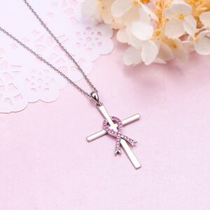 JZMSJF S925 Sterling Silver Faith Pink Ribbon Cross Pendant Necklace Breast Cancer Awareness Jewelry Gifts for Women